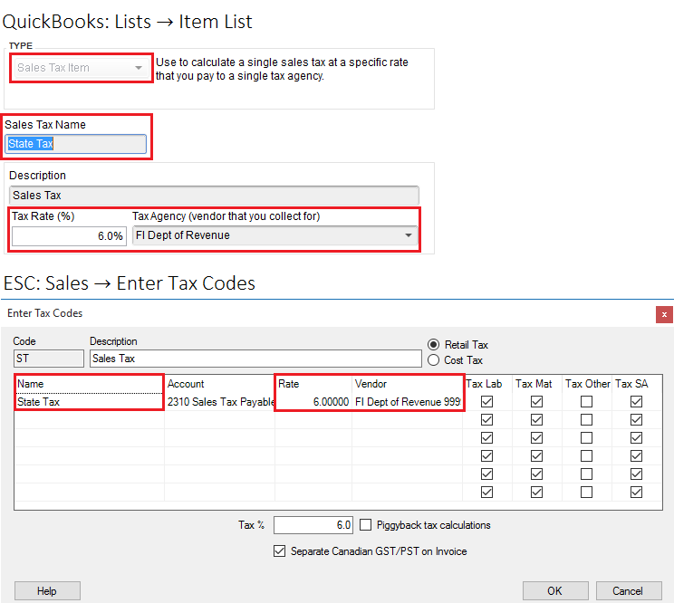 QuickBooks Connection Wizard: Synchronize Tax Codes