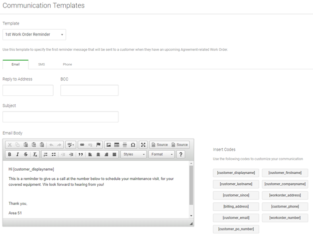 Settings: Communication Templates